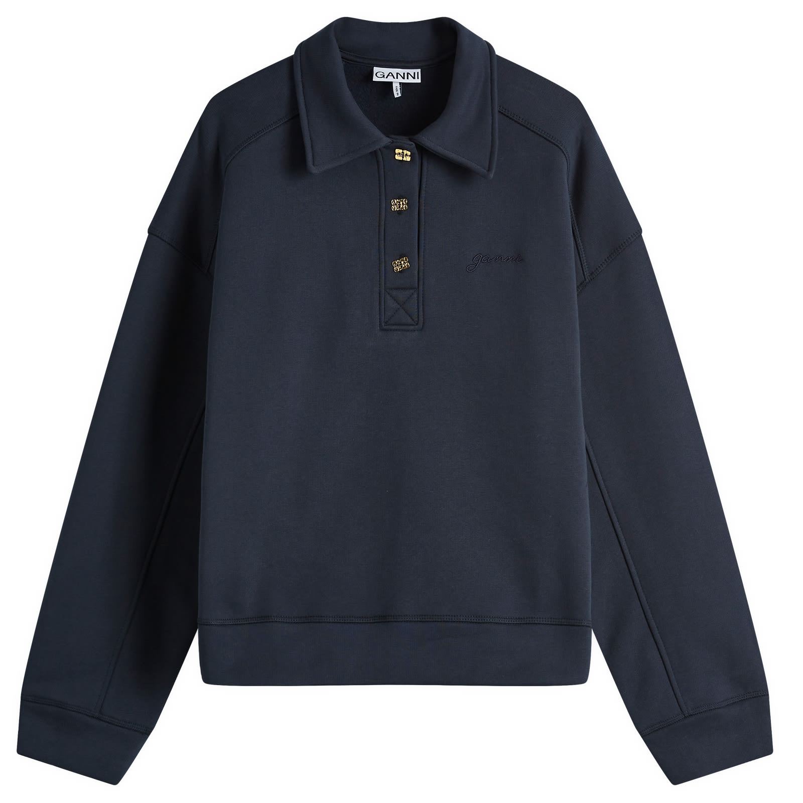 Ganni Heavy Fleece Drop Shoulder Polo In Sky Captain - 70% Off